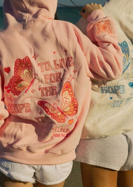 "To Live For the Hope of it All" Hoodie in Pink – Pink Palm Puff