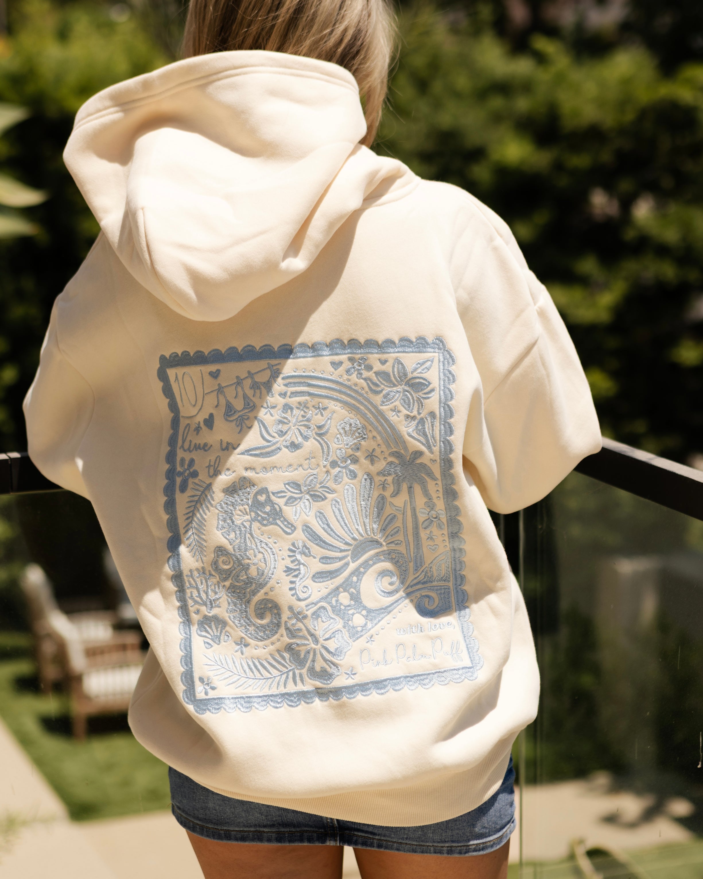 "Live in the Moment" Hoodie in Sand – Pink Palm Puff